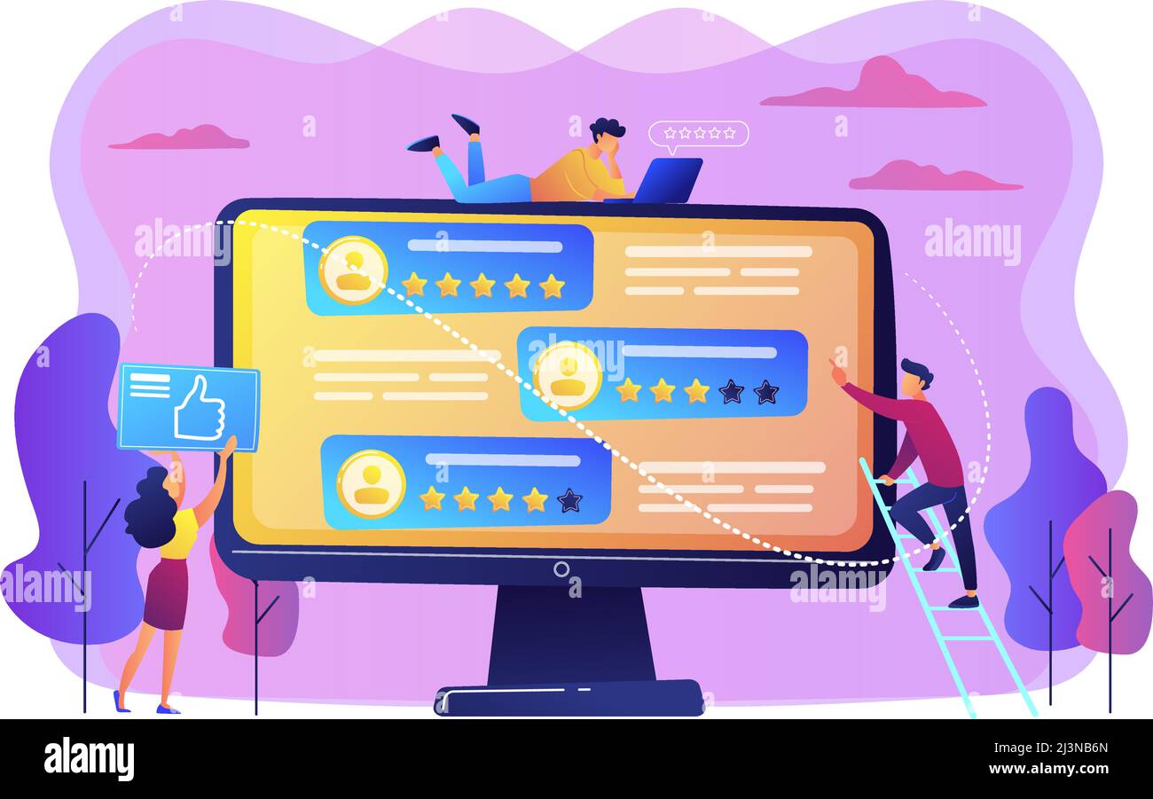 Tiny business people using rating site to vote on people on computer ...
