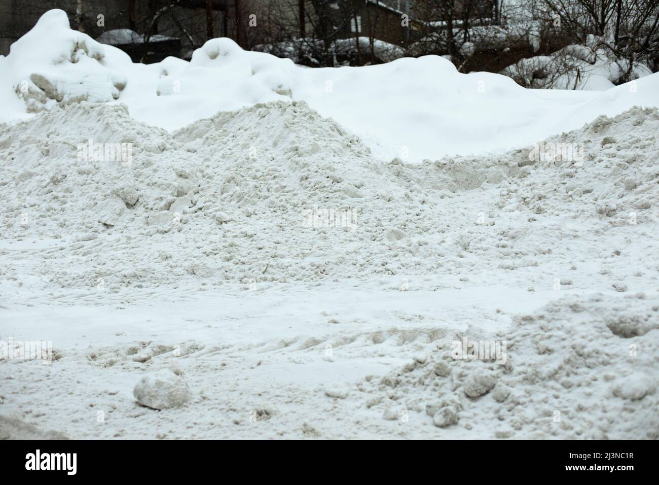 Snow on road. Snow blockage on highway. Winter weather. Changing ...