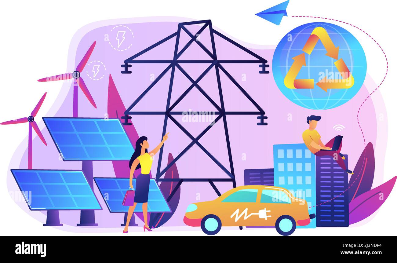 Business people use clean renewable electric energy in the city ...