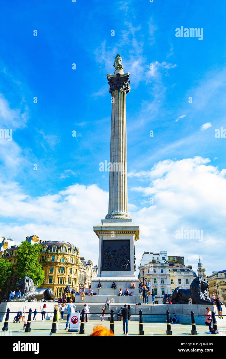 View of Trafalgar Square with Nelson`s Column rises above this iconic ...