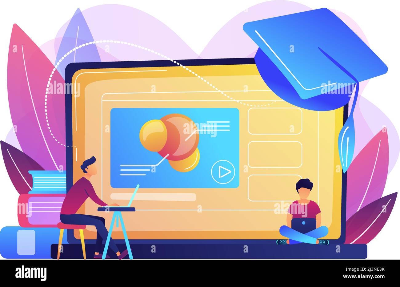 Students using e-learning platform video on laptop and graduation cap ... Students using e-learning platform video on laptop and graduation cap ...