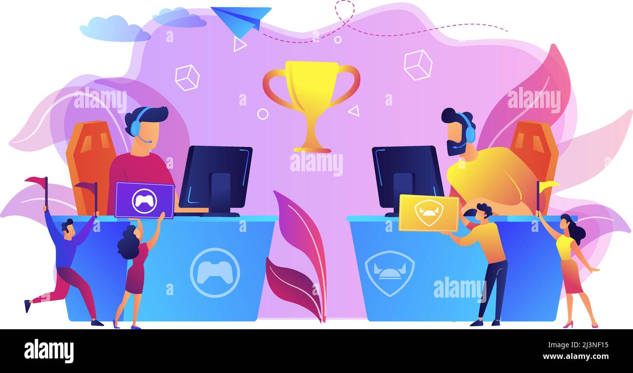 Two cyber sport players at computers competing for a trophy and fans ...