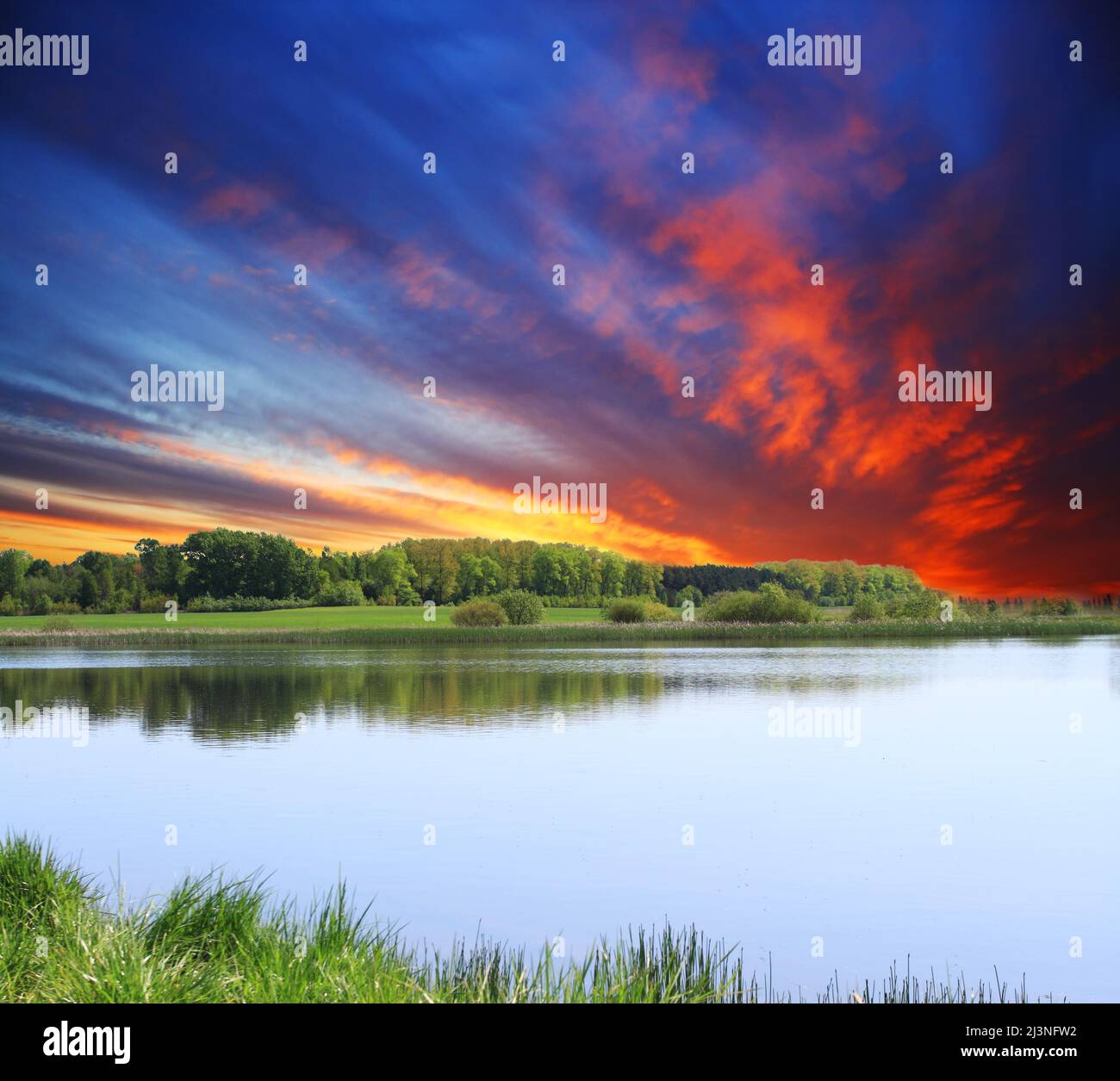 Beautiful morning landscape with the lake Stock Photo - Alamy