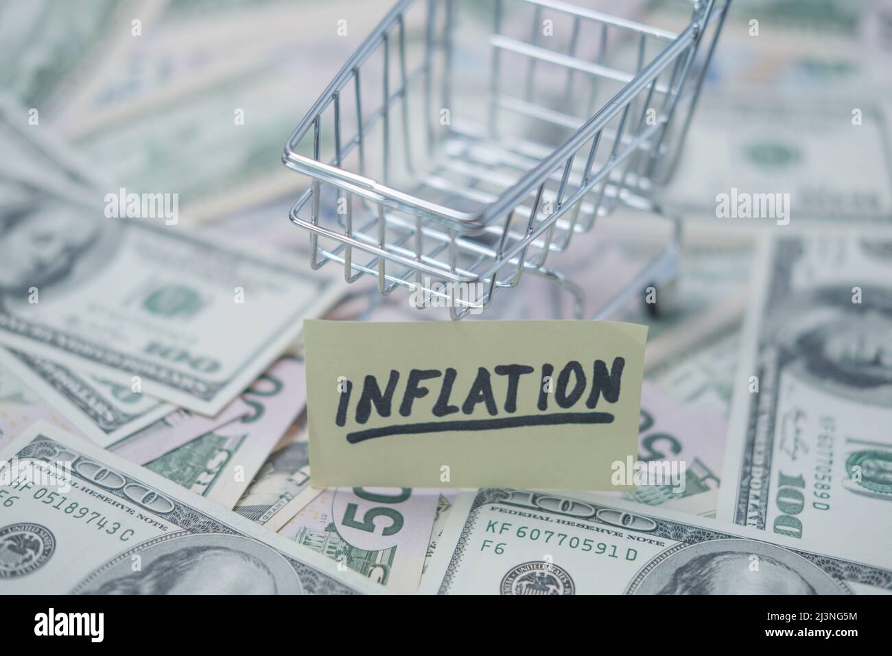 Shopping cart with inflation poster on a blurred background made of ...