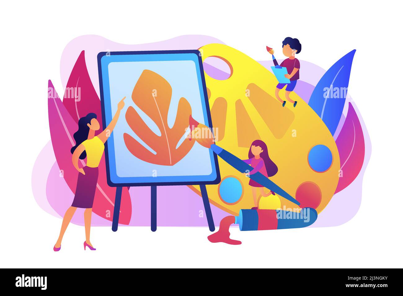 Female artist at easel teaching children painting with palette and ...