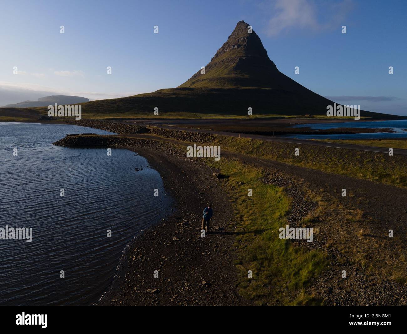 Beautiful aerial view of the Kirkjufell high mountain in Iceland, on ...