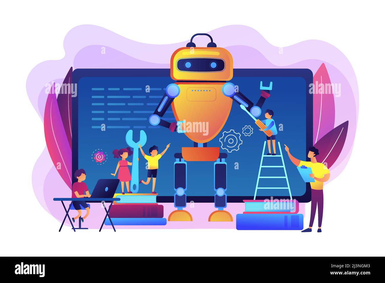 Kids programming and creating robot at class, tiny people. Engineering for kids, learn science ...