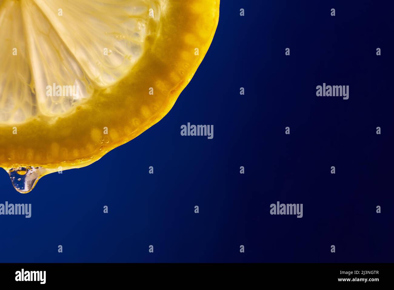 Fresh slice of lemon juice drip on blue background, citrus dripping ...