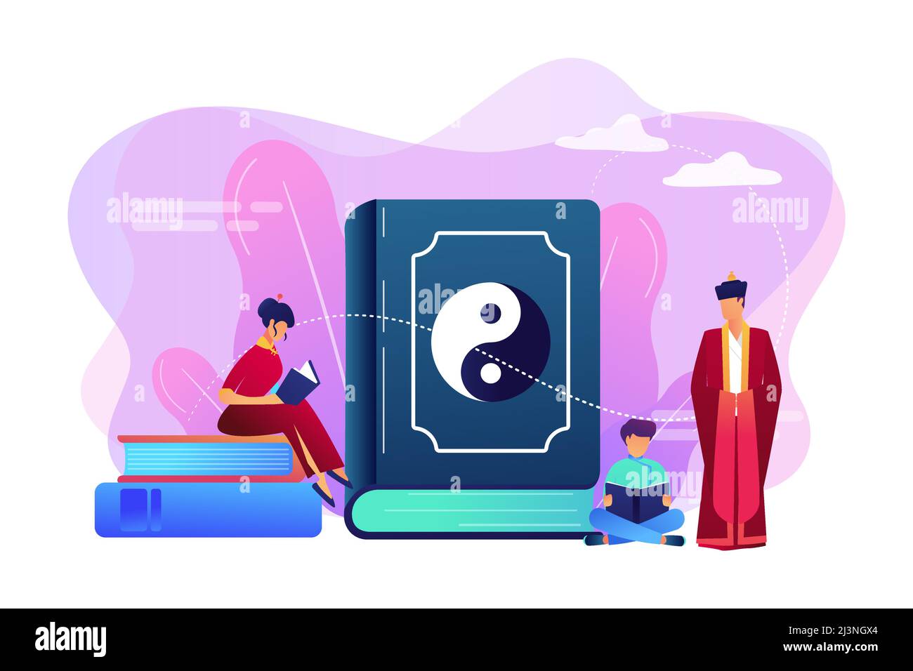 Big book with yin-yang and taoism family reading, tiny people. Yin yang ...