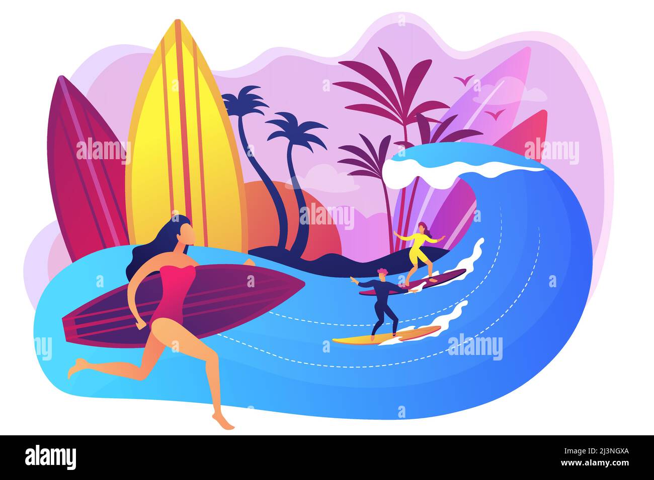 Teacher teaching surfing, riding a wave on the surfboard in ocean, tiny ...