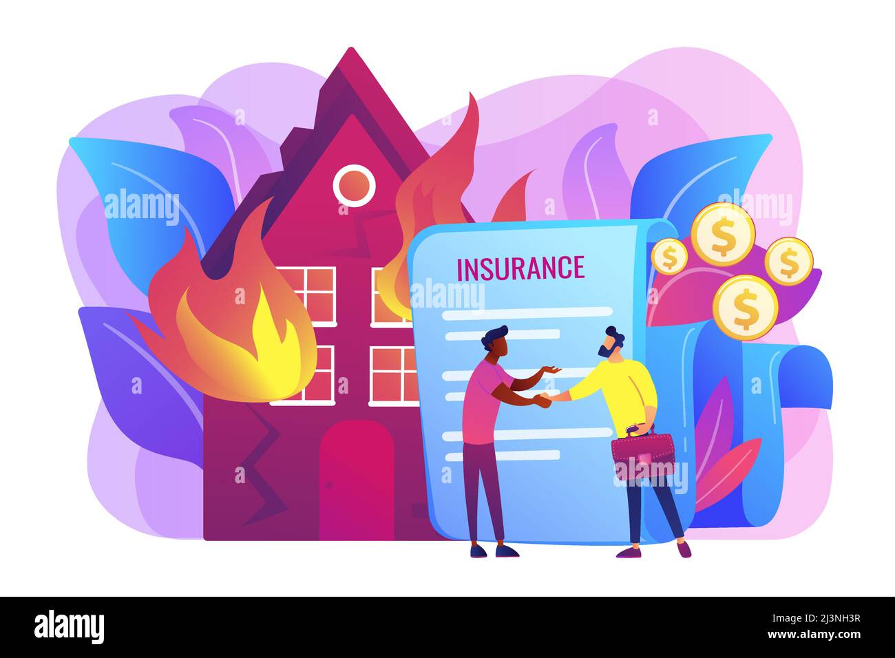 Burn house, flaming building. Insurance agent and customer flat ...