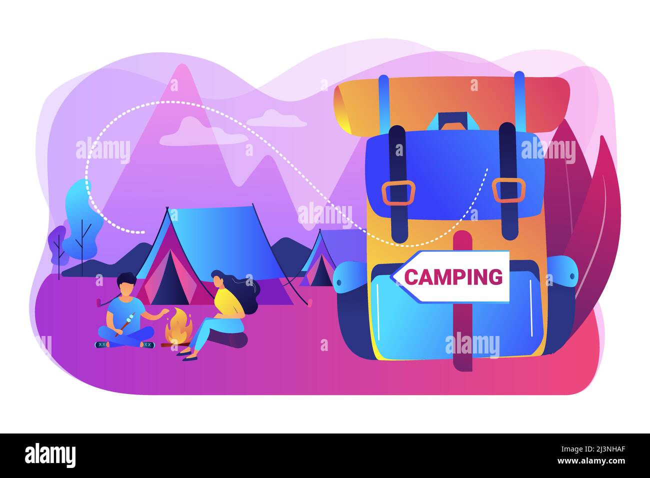 Tent in forest, tourists hiking, backpacking holiday. Summer camping ...