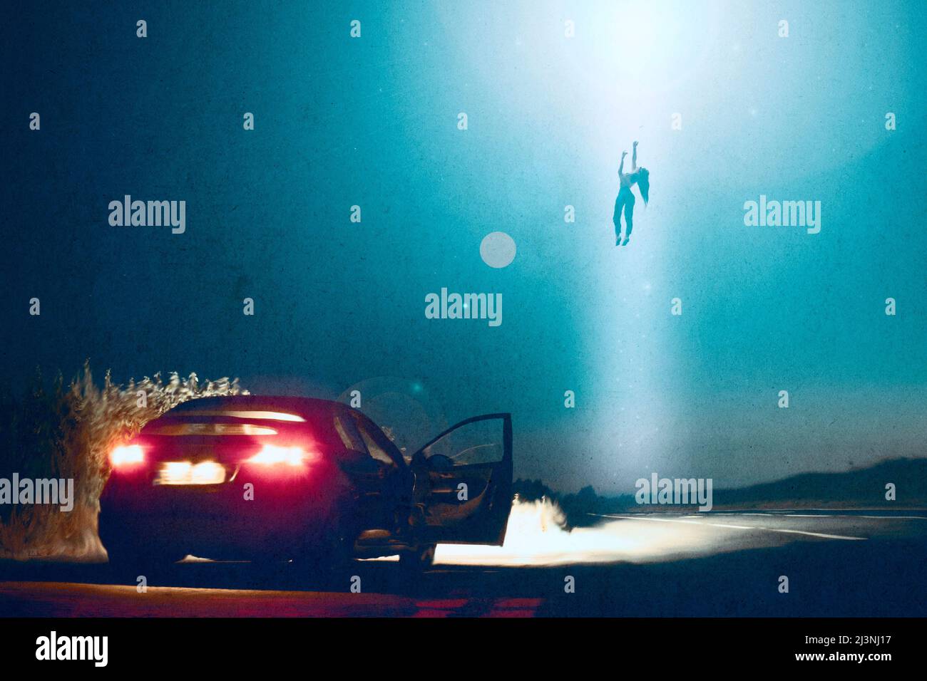 An alien encounter of a woman being abducted and floating in the sky by ...