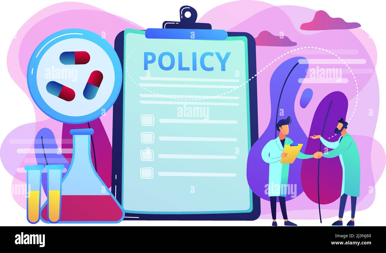 Pharmaceutical policy on clipboard and researchers, tiny people ...