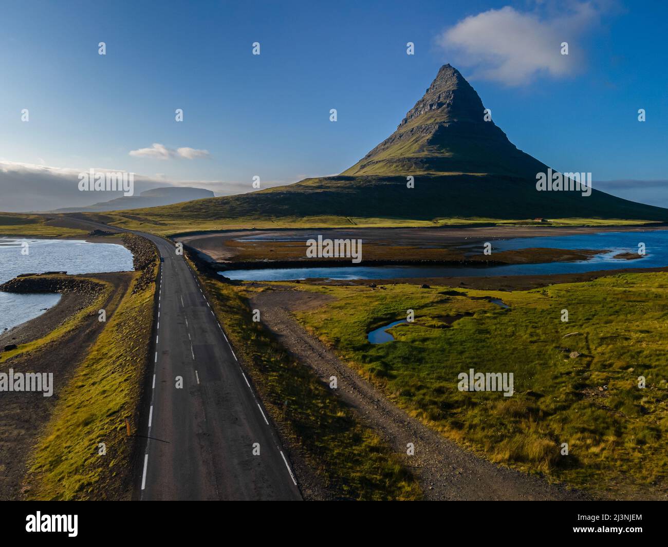 Beautiful aerial view of the Kirkjufell high mountain in Iceland, on ...