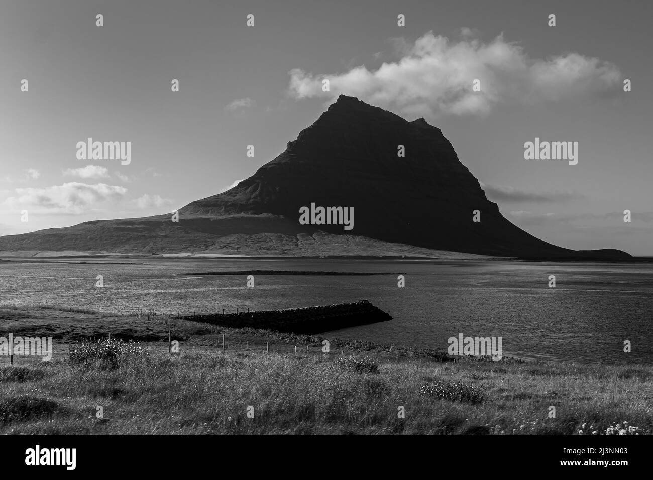 Beautiful aerial view of the Kirkjufell high mountain in Iceland, on ...
