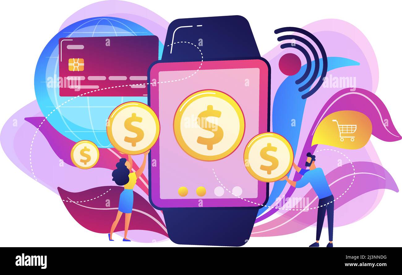 Users shopping and making contactless payment with smartwatch ...