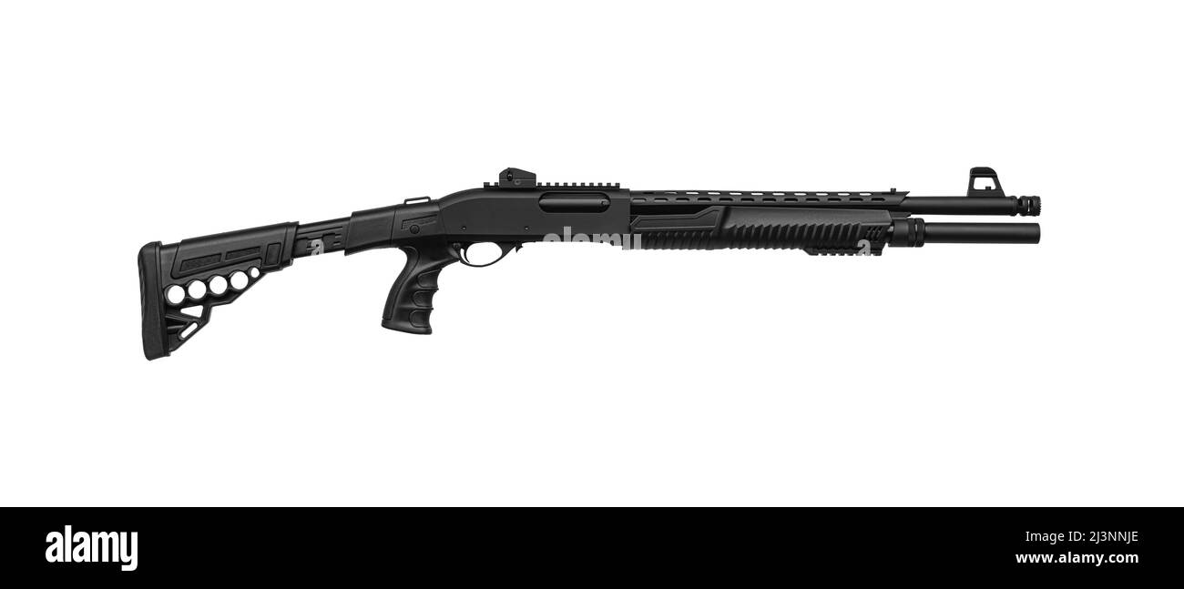 Pump-action 12 gauge shotgun isolated on a white background. Close-up ...