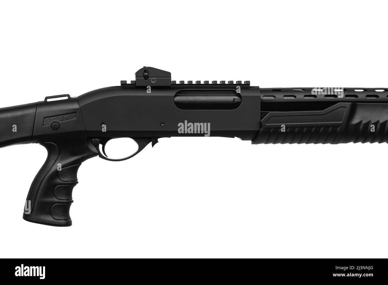 Pump-action 12 gauge shotgun isolated on a white background. Close-up ...