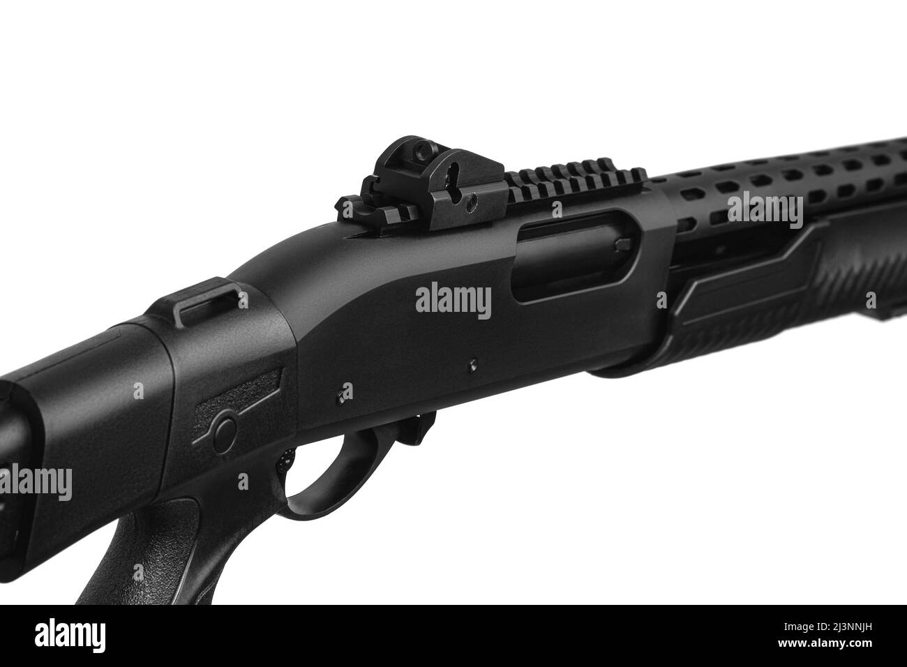 Pump-action 12 gauge shotgun isolated on a white background. Close-up ...