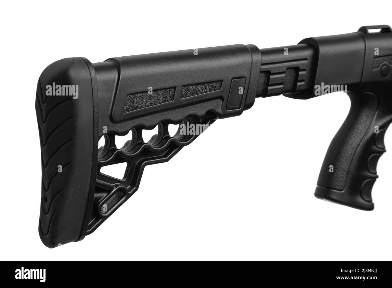 Pump-action 12 gauge shotgun isolated on a white background. Close-up ...