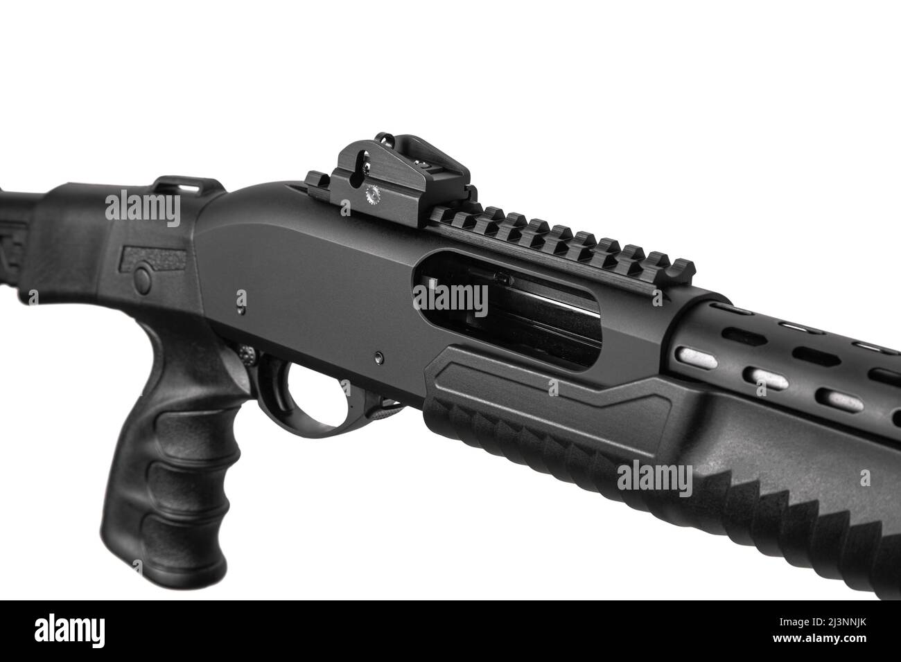 Pump-action 12 gauge shotgun isolated on a white background. Close-up ...