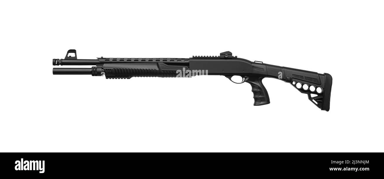 Pump-action 12 gauge shotgun isolated on a white background. Close-up ...