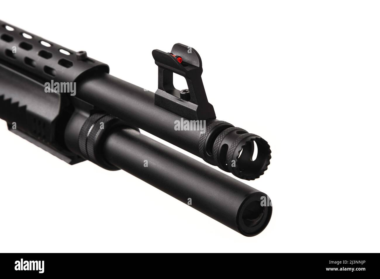 Pump-action 12 gauge shotgun isolated on a white background. Close-up ...