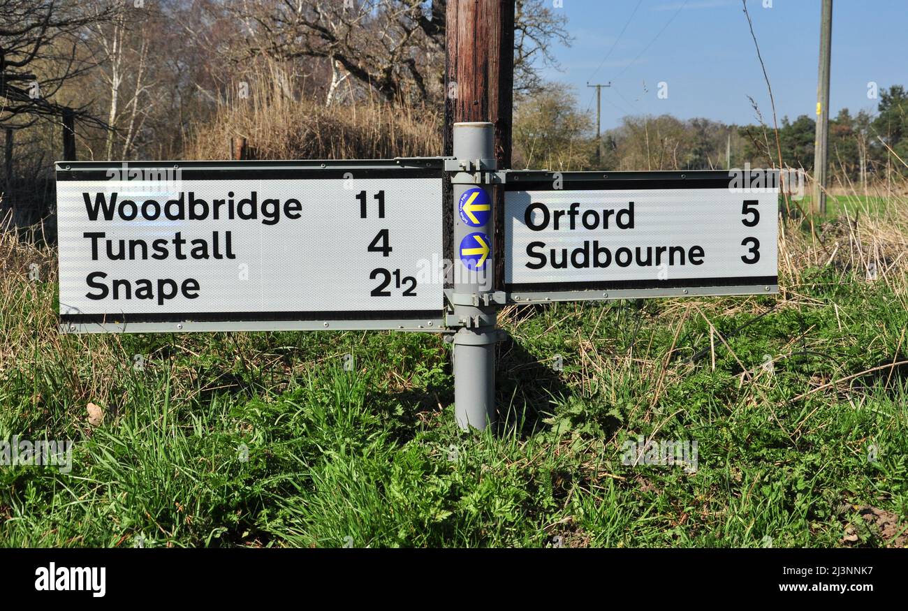 Direction and mileage sign to nearby villages, Iken, Suffolk, England ...