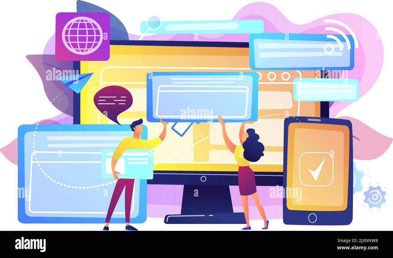 Programmers with browser windows and pc and tablet. Cross-browser ... Programmers with browser windows and pc and tablet. Cross-browser ...