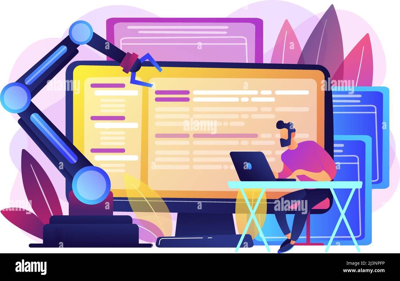Developer At Laptop And Computer With Open Robotic Soft Open Automation Architecture Open