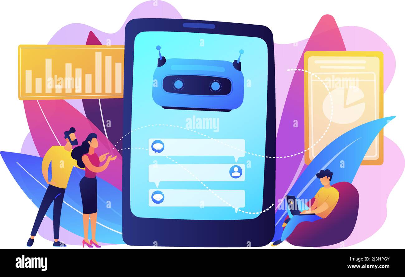 Customers chat with chatbot on smartphone screen with speech bubbles ...
