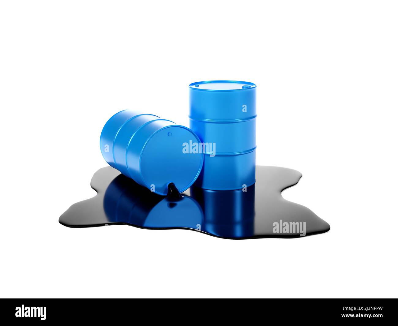 falling blue oil tank causing oil to spill onto the floor, 3D rendering ...