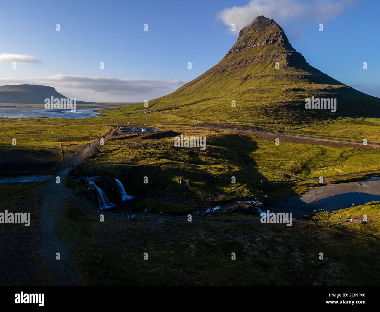 Beautiful aerial view of the Kirkjufell high mountain in Iceland, on ...