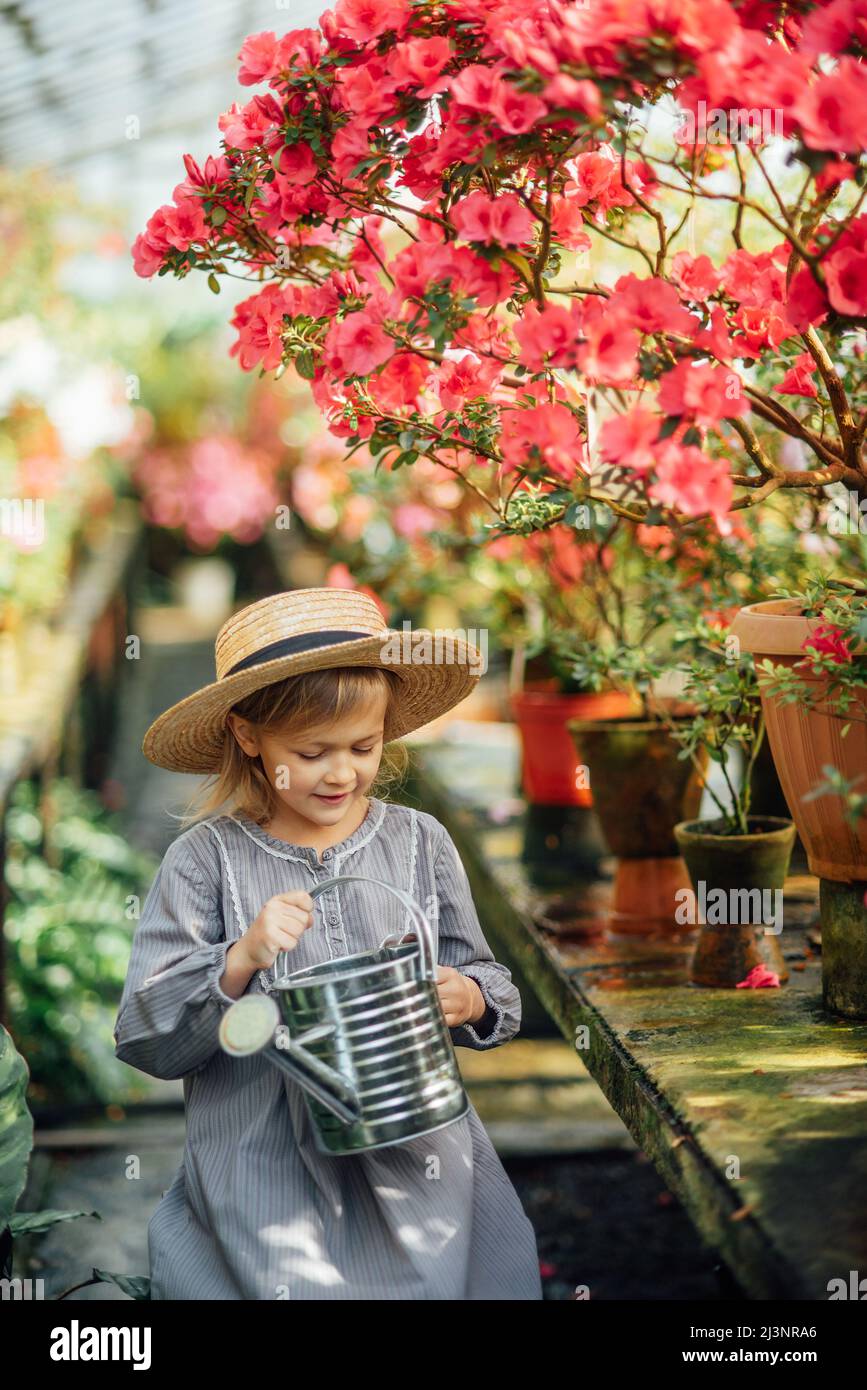 Child planting spring flowers. Little girl gardener plants azalea. Girl ...