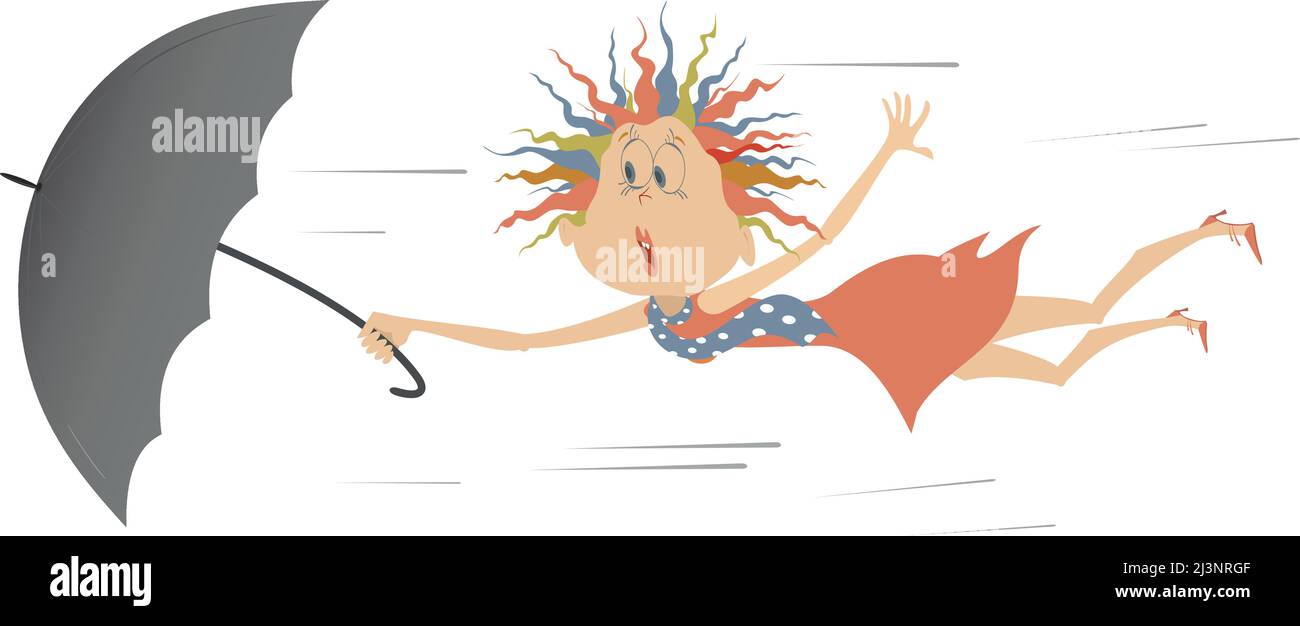 Strong wind, young woman and umbrella isolated illustration. Comic ...