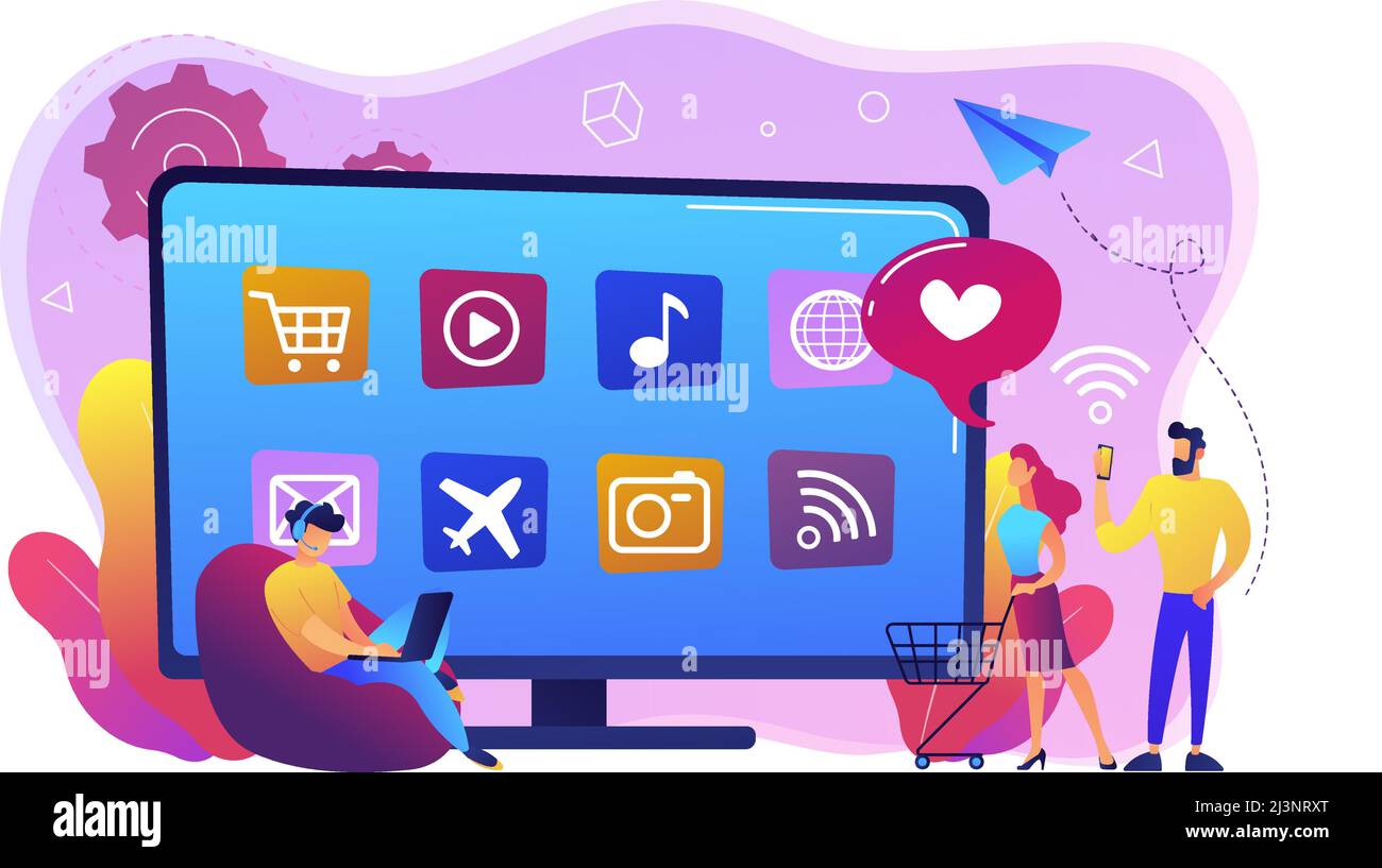 Tiny people with laptop, shopping cart using smart TV with apps. Smart ...