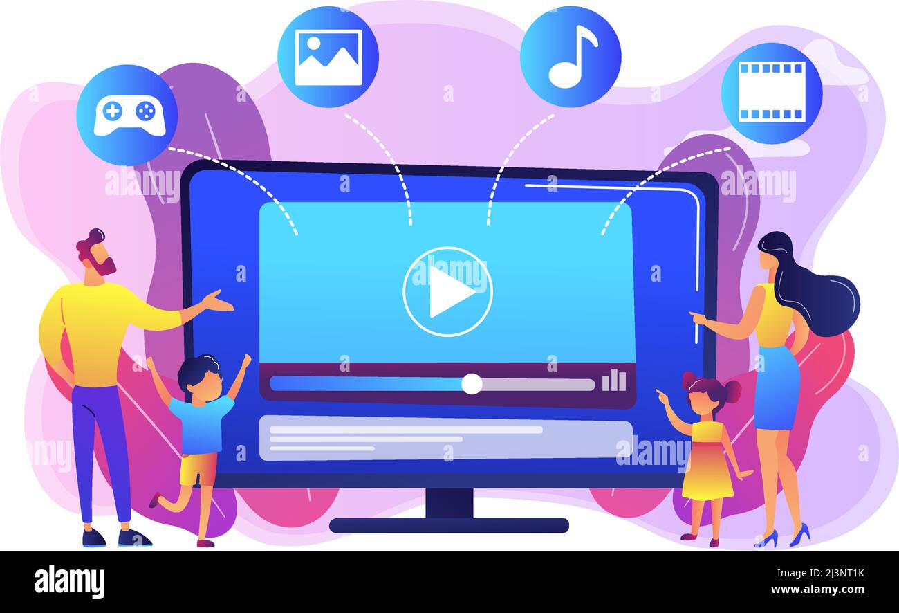 Tiny people family with kids watching smart television content. Smart ...