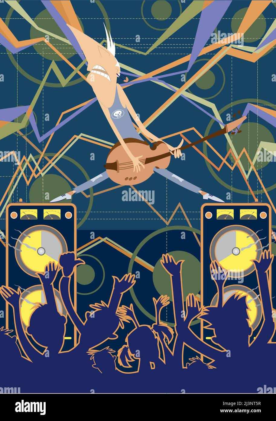 Cartoon guitar player on the concert illustration. Funny guitarist with ...
