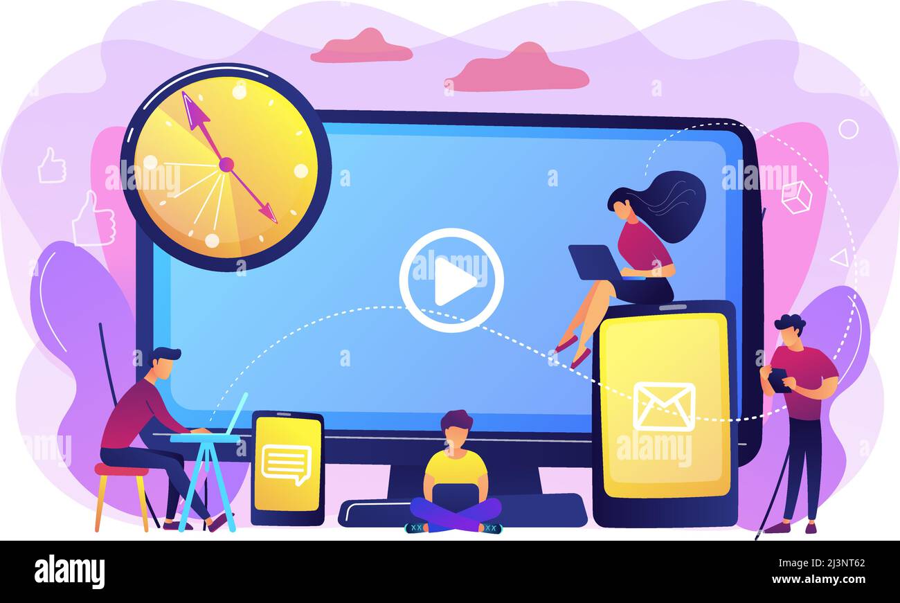 Tiny business people watching at digital devices screens and clock ... Tiny business people watching at digital devices screens and clock ...