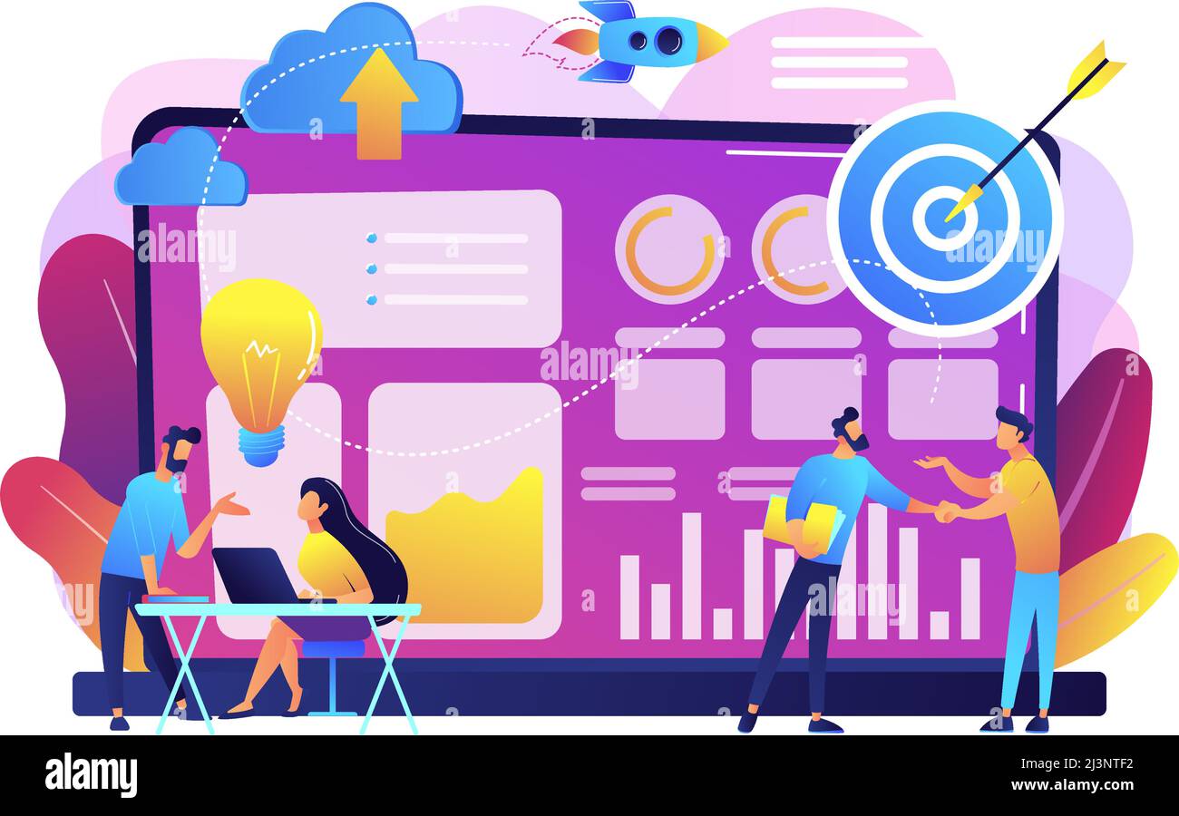 Tiny business analysts discussing ideas at laptop with data. Data ...