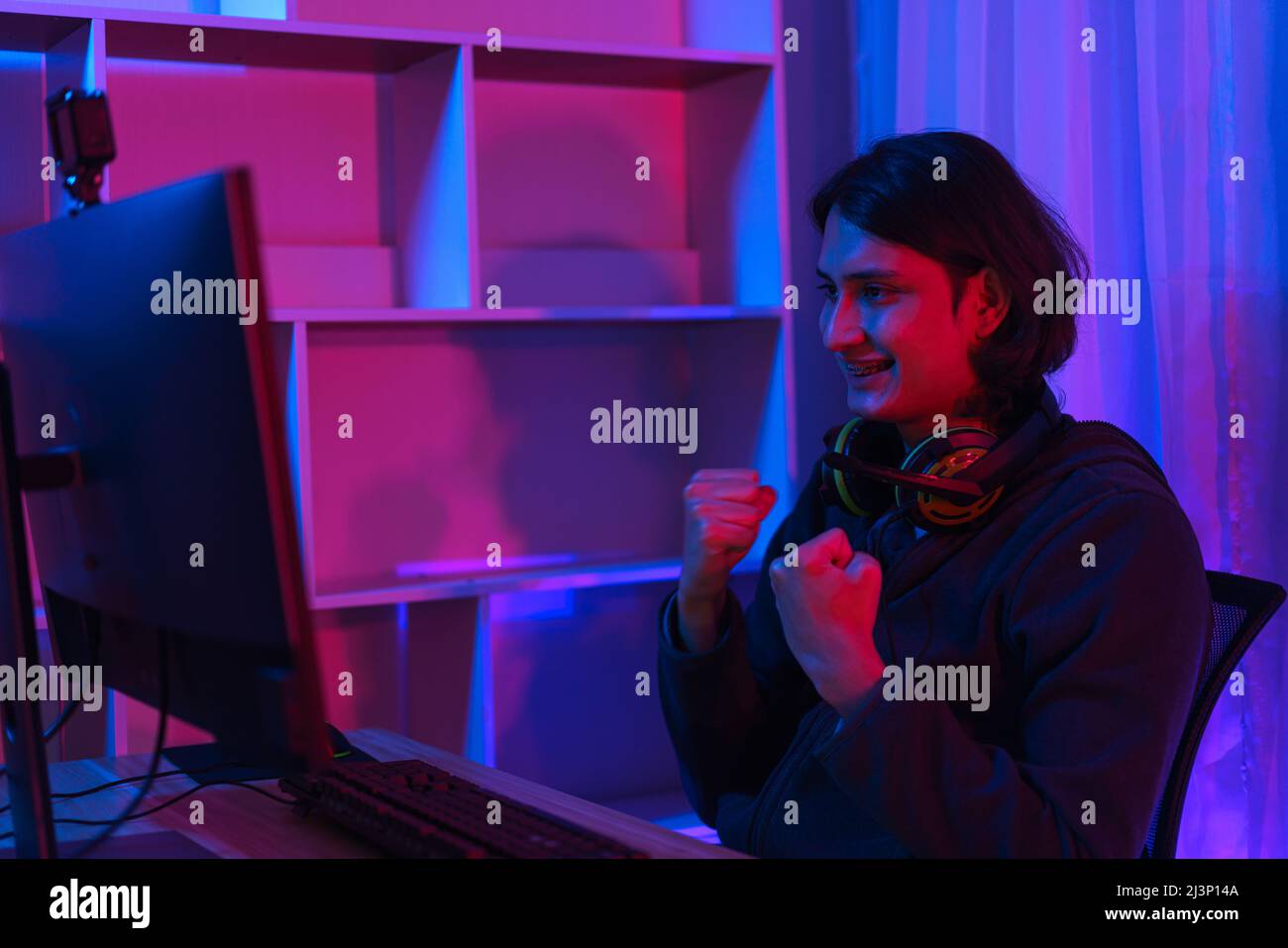 Gamer stream concept, Male streamer having happiness after live ...