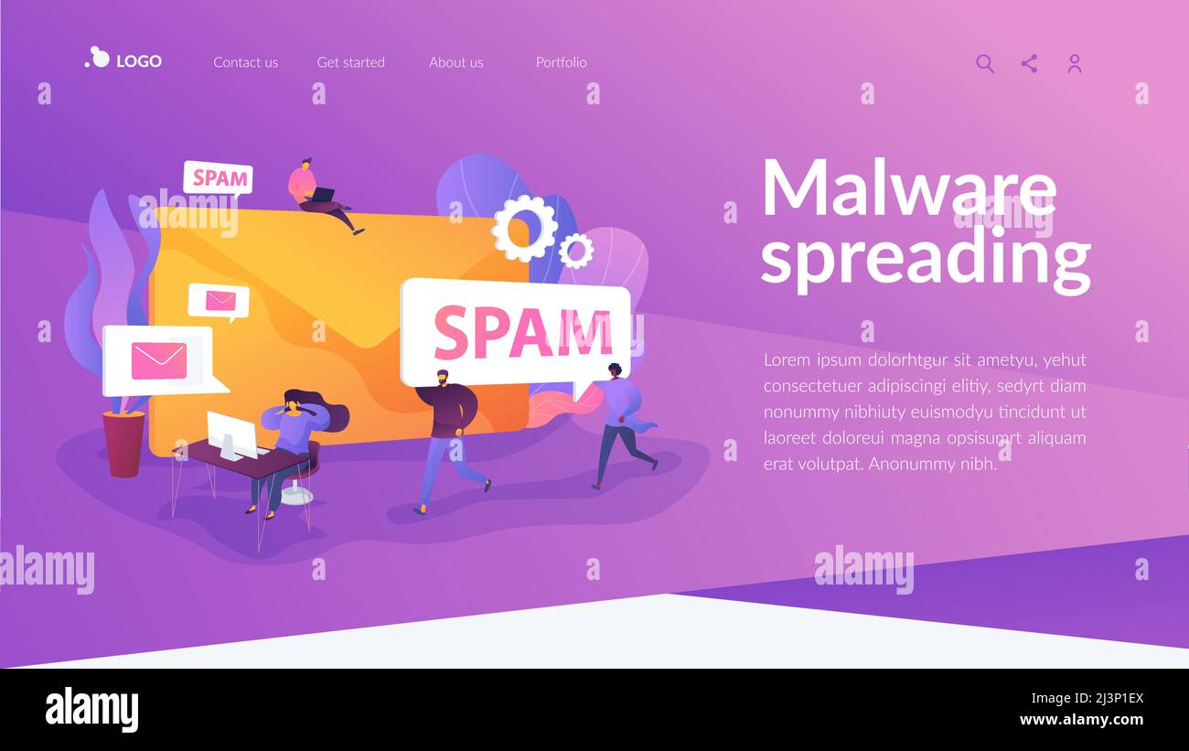 Spam, unsolicited messages, malware spreading concept. Website homepage ...