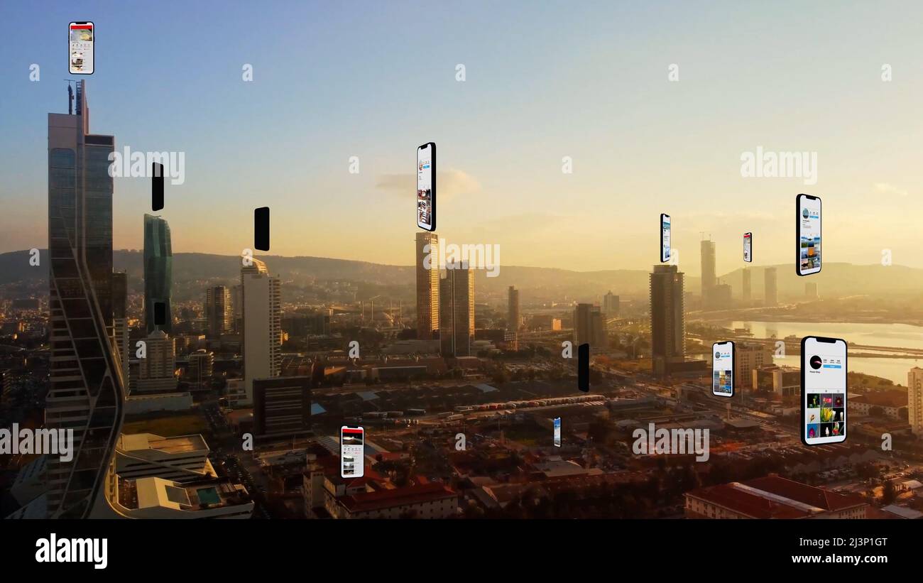 Connected aerial city with several interfaces. Futuristic concept ...