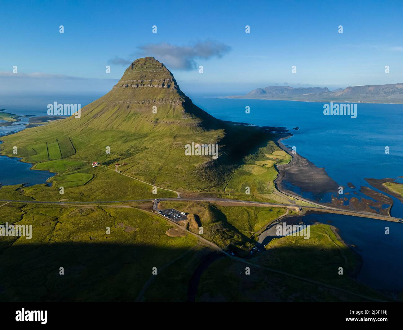 Beautiful aerial view of the Kirkjufell high mountain in Iceland, on ...