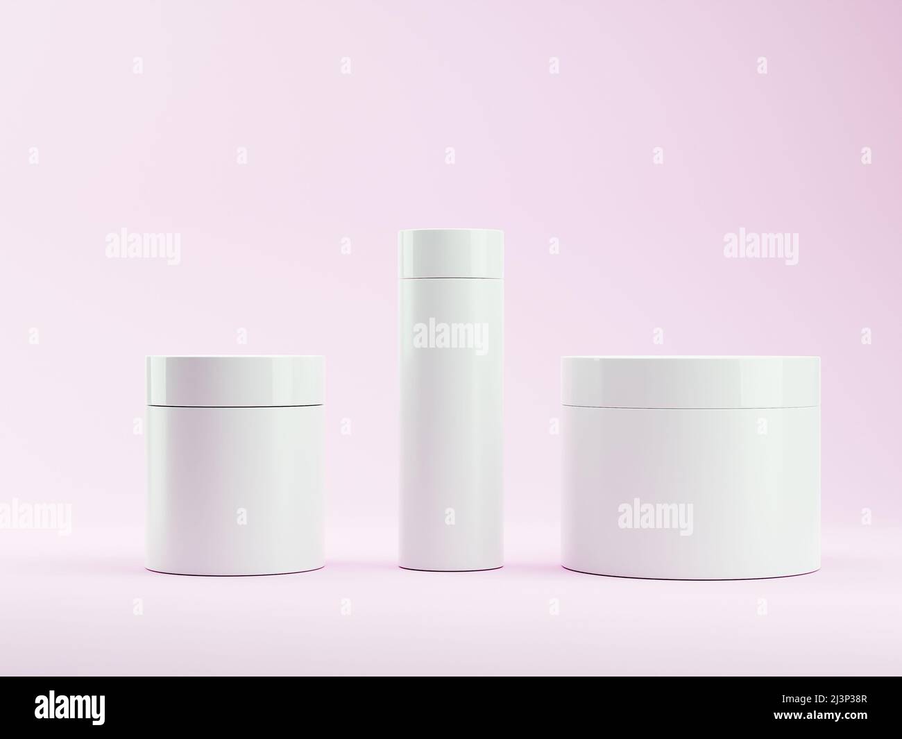 3d render of plastic white jars for cream, conditioner or gel. Pink and ...