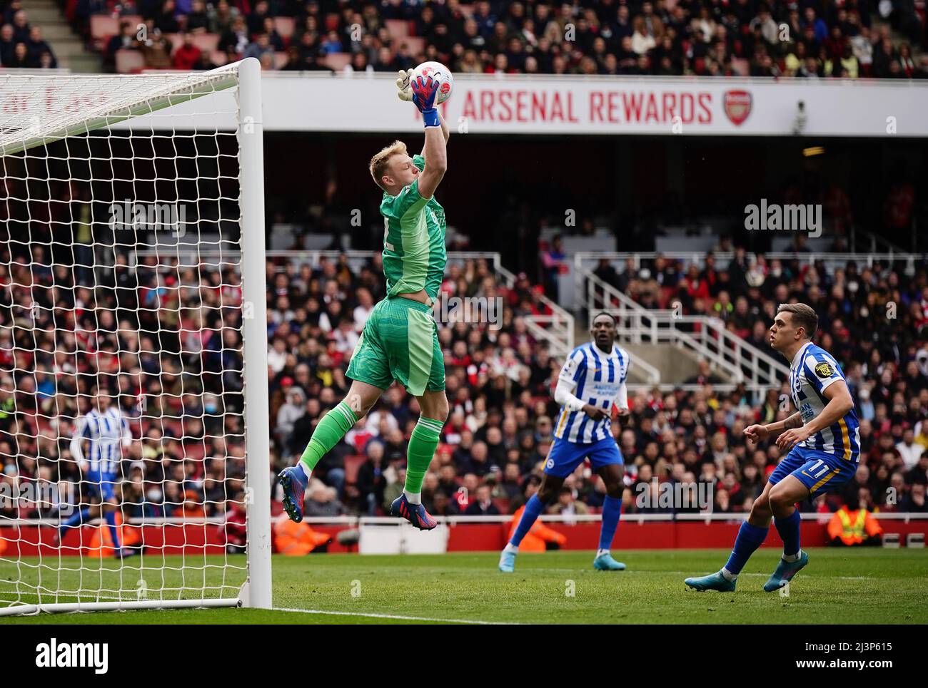 Arsenal goalkeeper Aaron Ramsdale makes a save during the Premier ...