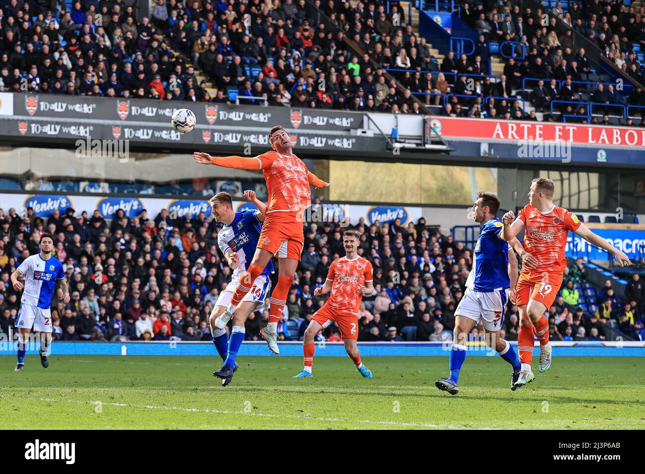 The crossed ball is just out of reach for Gary Madine #14 of Blackpool ...