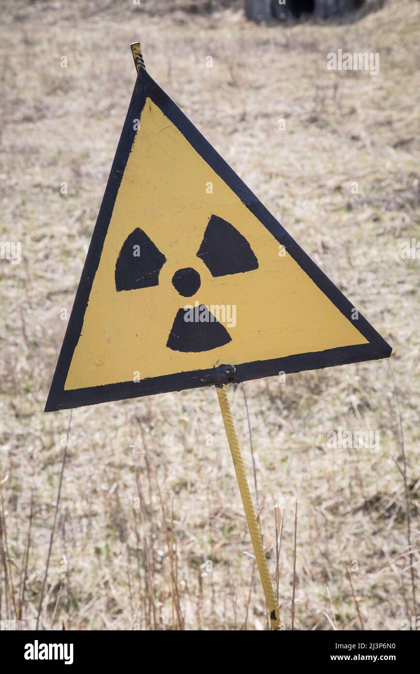 Chernobyl, Ukraine. 10th April, 2019. A sign at the edge of The Red ...