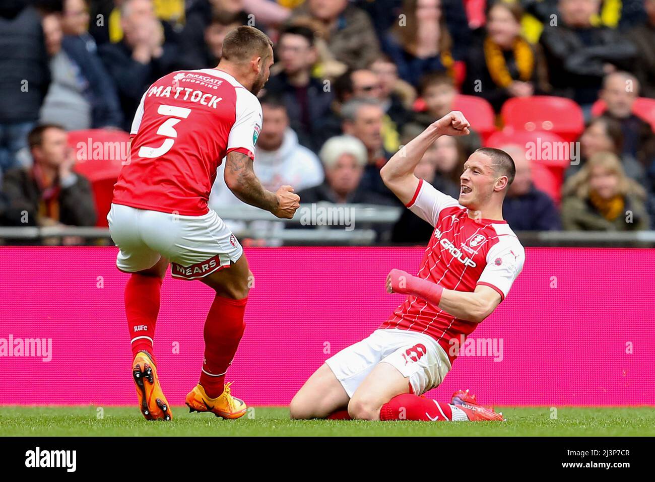 Ben Wiles of Rotherham United celebrates his equaliser with Joe Mattock ...